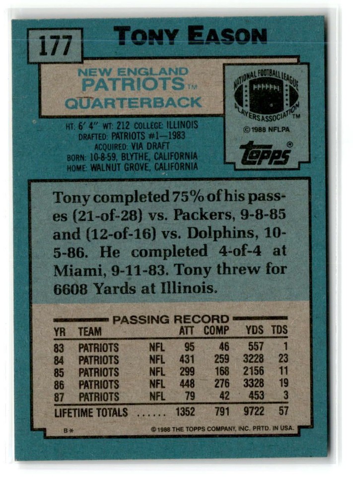 1988 Topps Football #177 Tony Eason New England Patriots | eBay
