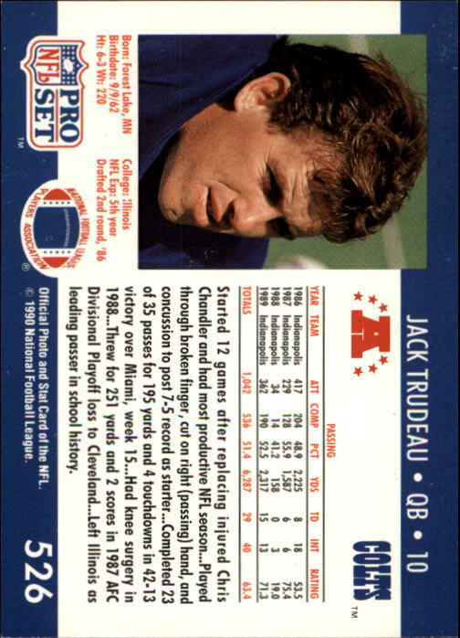 1990 Pro Set Football Card #526 Jack Trudeau | eBay