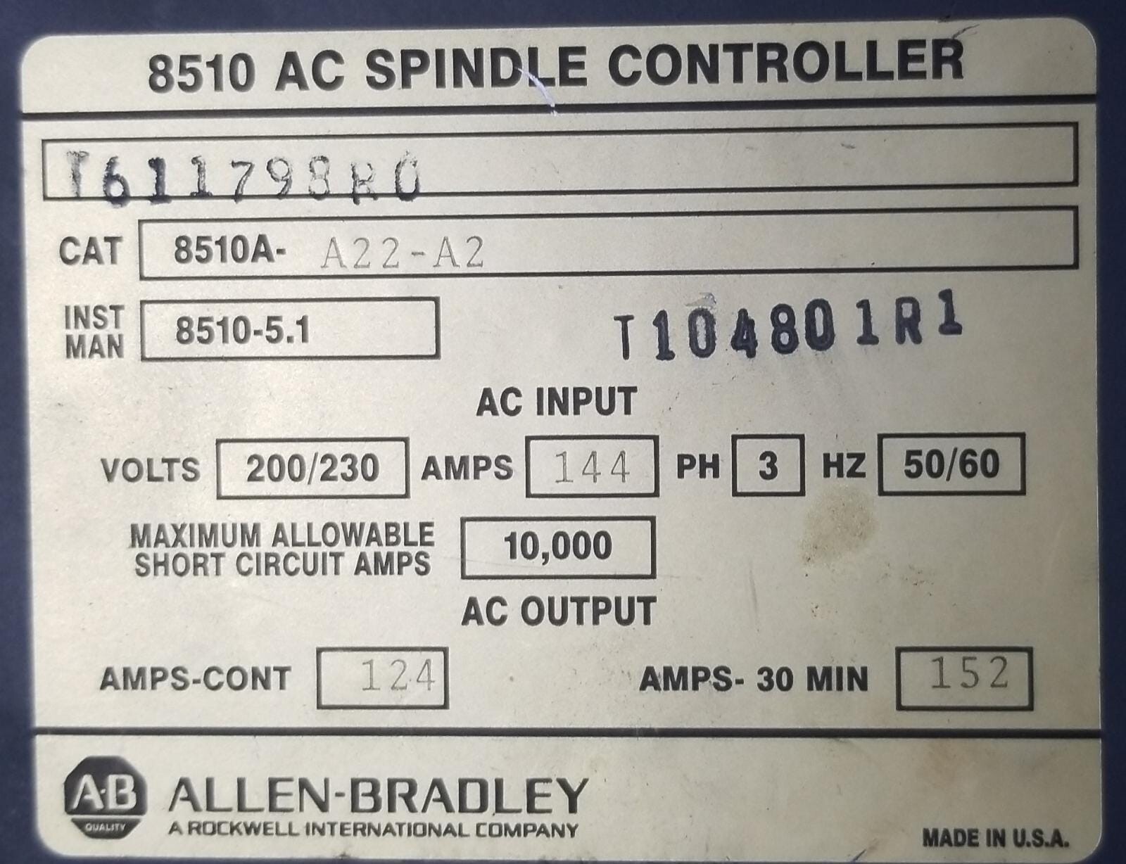 ALLEN BRADLEY SPINDLE DRIVE 8510A-A22-A2 | eBay
