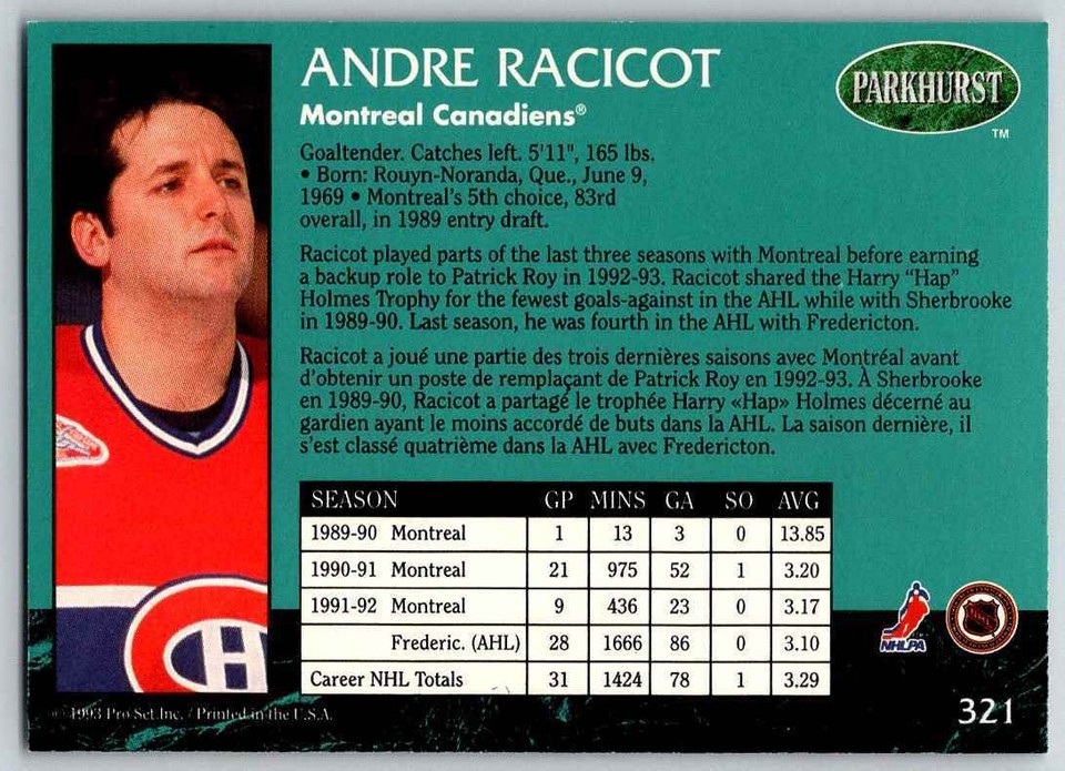 1992-93 Parkhurst ANDRE RACICOT #321 Montreal Canadiens | eBay