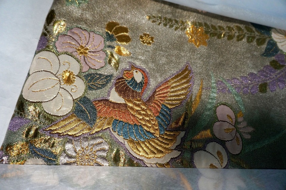 Japanese Kimono, SILK Fukuro OBI,Rokutu,GLD/SIL threads,Foil,Ducks,L14 ...
