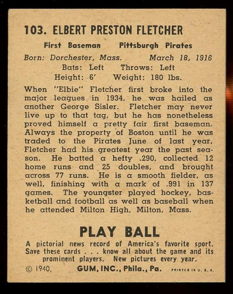 1940 Play Ball #103 Elbie Fletcher EM Pirates 70449 | eBay
