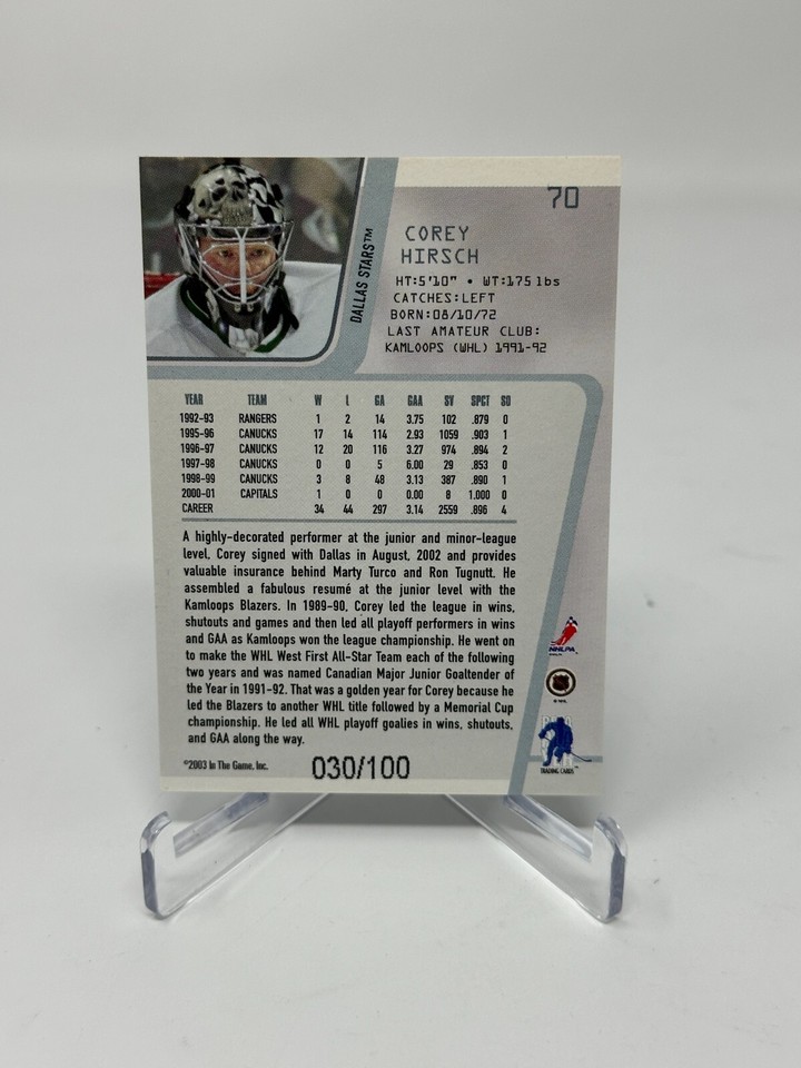 2002-03 In The Game Hockey Corey Hirsch Card #70 #030/100 | eBay