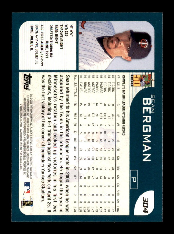 2001 Baseball Topps Sean Bergman Minnesota Twins #304 | eBay
