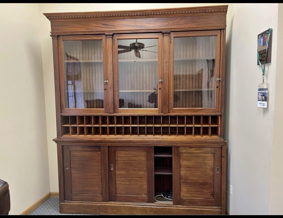 WOW vintage antique mahogany post Office work cabinet 83” L x 101” H x ...