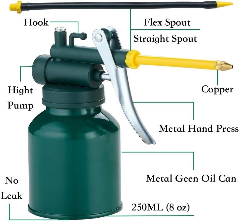 Oil Can Pump Oiler Can-8Oz. Green Metal Can Bottle with Flexible and ...