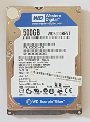 500 GB SATA Western Digital WD5000BEVT-22ZAT0 5400RPM 8MB HDD 2.5 ...