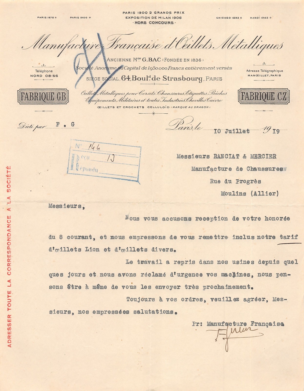 1919 MANUFACTURE D OEILLETS A PARIS - M H RANCIAT & G MERCIER A MOULINS ...