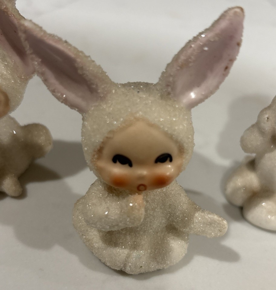 3 Vintage LEFTON Easter Snow Bunny Rabbit Pixie Bunnies Sugar Texture ...