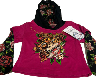 New Ed Hardy Kids Baby Pink Logo T Shirt Tattoo Sleeve Hoodie Size 6/9 ...