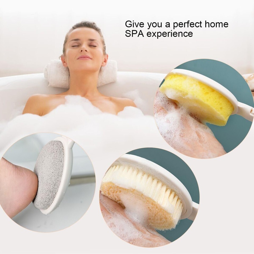 LFJ 3 in 1 Bath Sponge Brush Set for Shower, 19" Long White With Soft ...