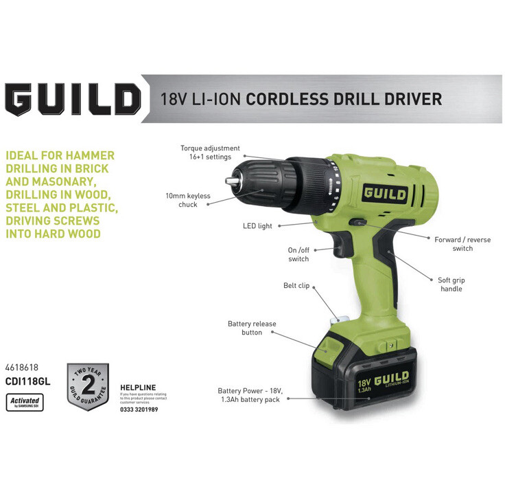 Guild Cordless Hammer/Impact Drill 18V Body Only *BARE DRILL TOOL ONLY ...