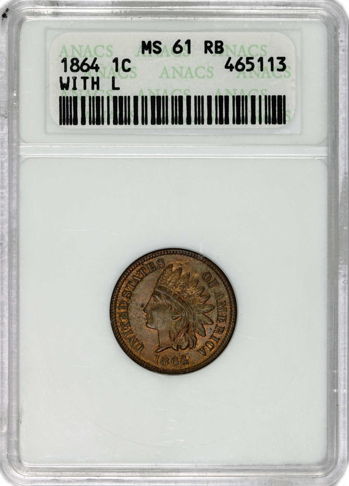 1864 1C Indian Head Cent Bronze With L On Ribbon ANACS MS61 RB Soapbox ...