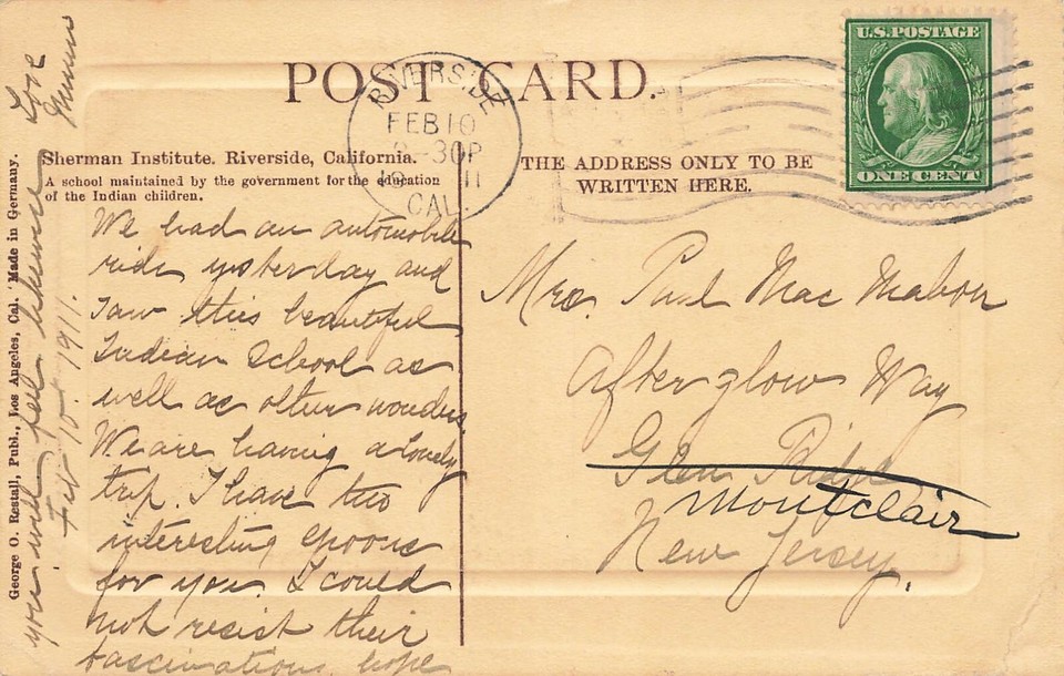 RIVERSIDE CA~SHERMAN INDIAN INSTITUTE~1911 GEORGE RESTALL PHOTO ...