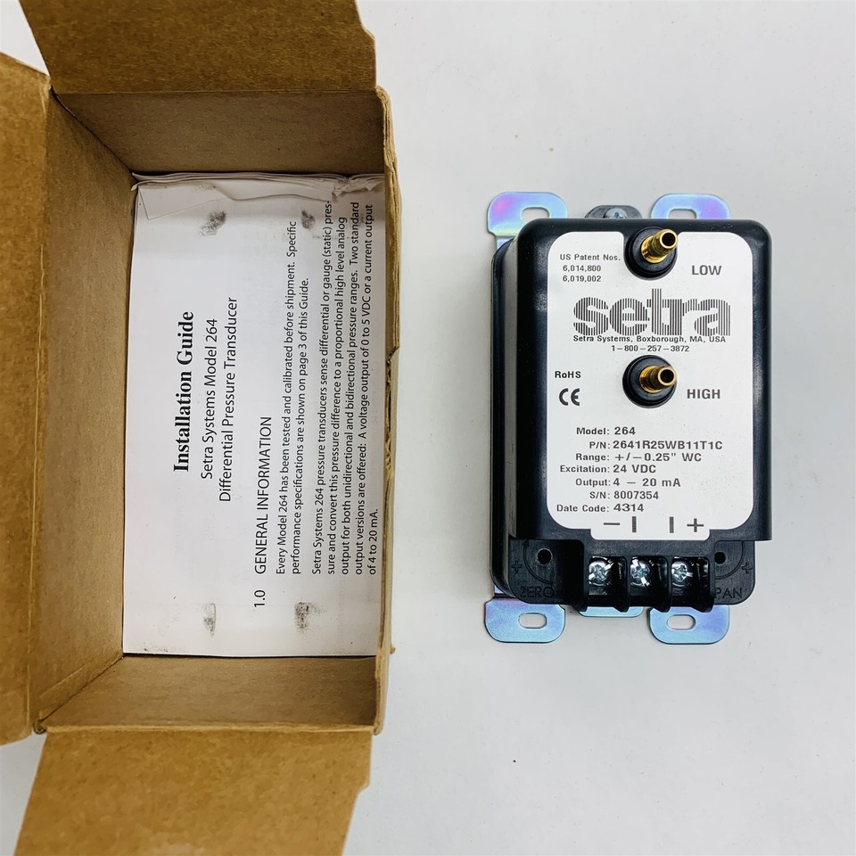 Setra 264 Very Low Diff +/-0.25 WC 4-20mA Pressure Transducer ...