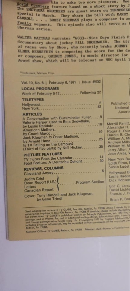 TV GUIDE FEB 6 1971 ODD COUPLE JACK KLUGMAN BUCKMINSTER FULLER VALERIE ...