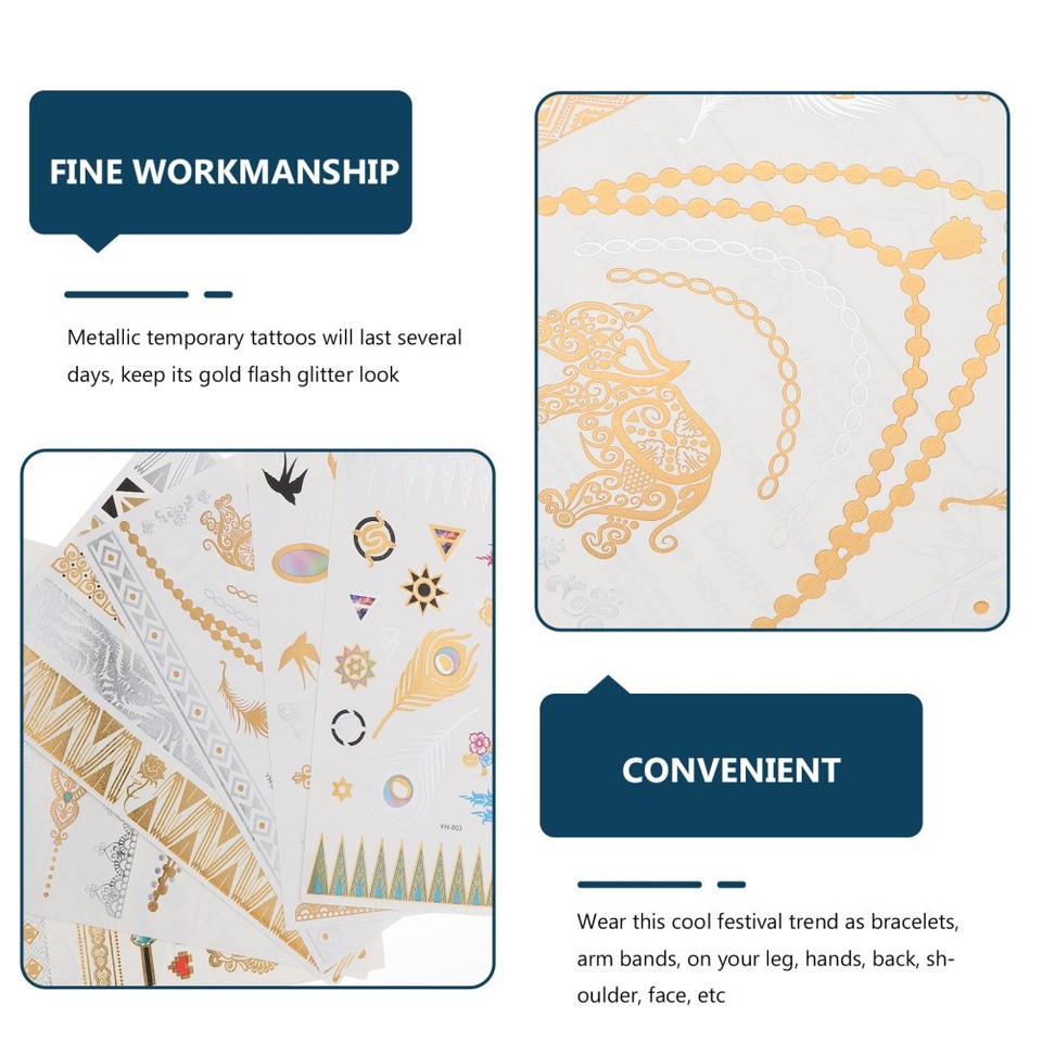 6 Sheets Metallic Temporary Tattoos Golden Fake Waterproof Sticker ...
