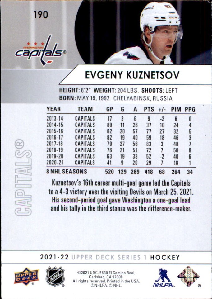 2021-22 Upper Deck #190 Evgeny Kuznetsov | eBay