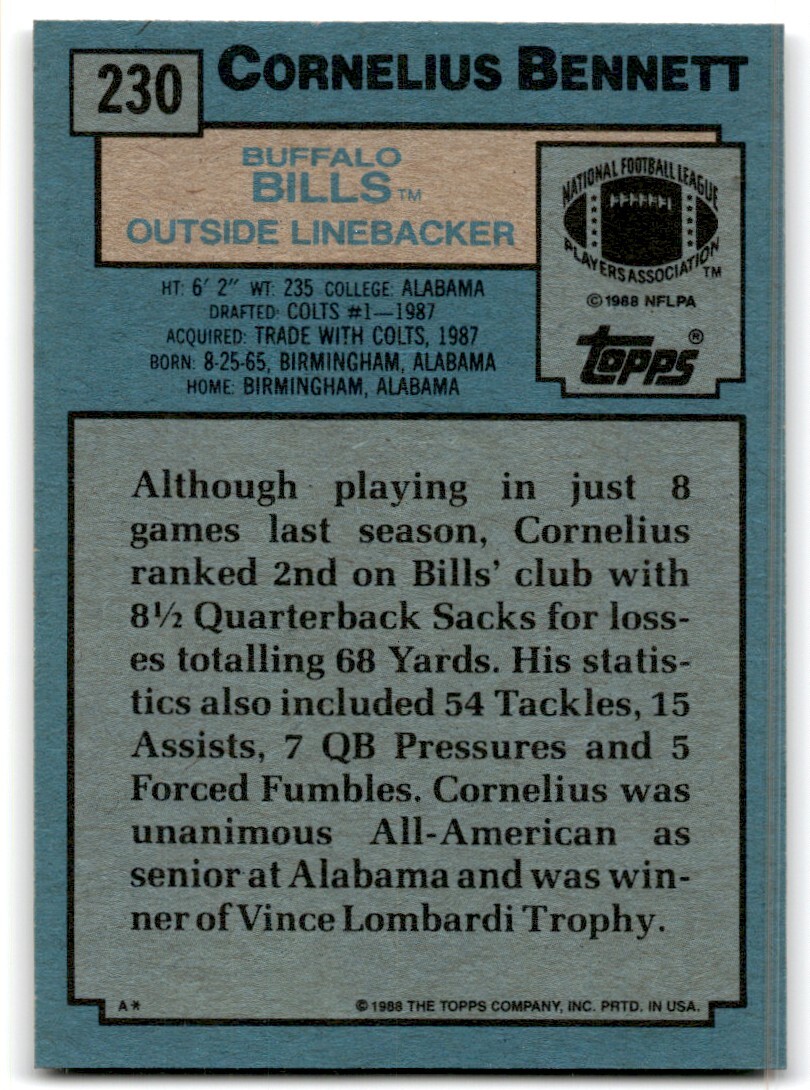 1988 Topps Cornelius Bennett Football Cards #230 | eBay Australia
