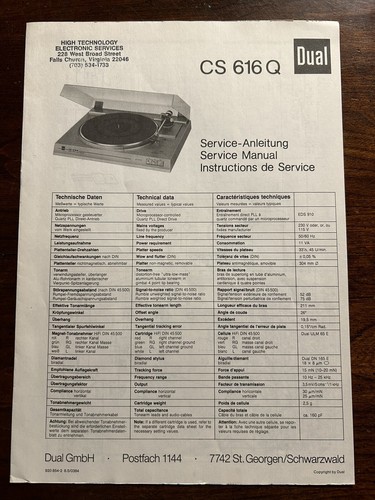 Dual CS-616Q CS 616 Q Turntable Record Player Service Manual Original ...