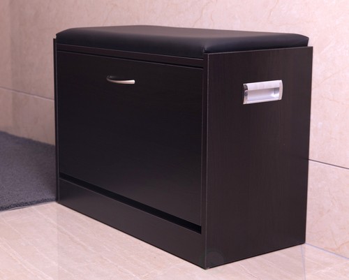 Black Wooden Fold-out Shoe Organizer - Shoe Storage Bench with Leather ...