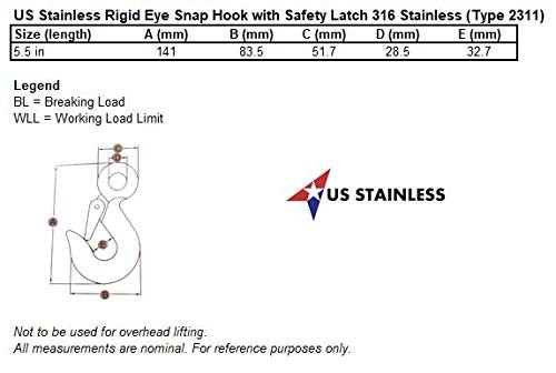 Stainless Steel 316 Rigid Eye Snap Hook with Safety Latch 5 1/2" Marine ...