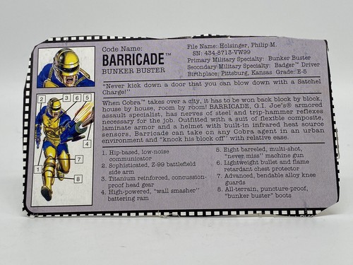 Vintage 1992 Gi Joe Barricade File Card | eBay