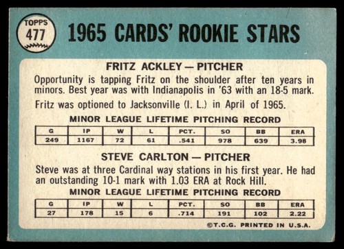 1965 Topps #477 RC Stars Steve Carlton ROOKIE EX-EXMINT+ Cardinals SET ...