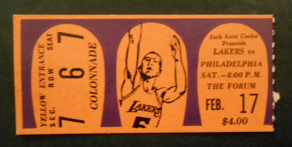 Feb 17, 1968 Lakers Philadelphia 76ers Program & Ticket West 49 ...