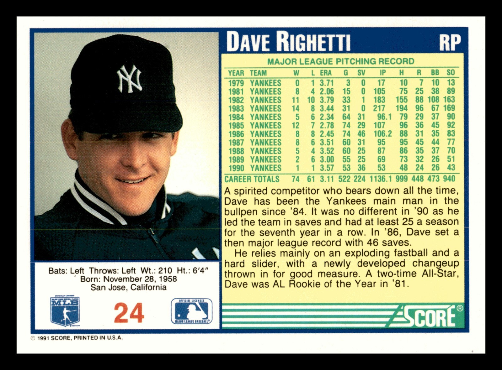 1991 Score Dave Righetti New York Yankees #24 Near Mint NM | eBay