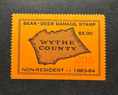 1963 VIRGINIA - Lot4 - Bear Deer Damage Stamp - MNH **Wythe County* Non ...
