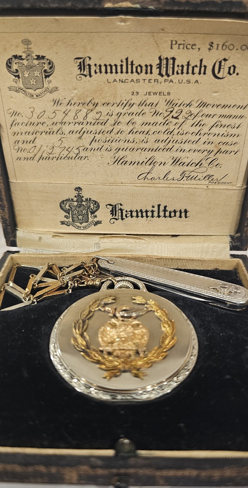 14K Gold Masonic Hamilton 23J Pocket watch Wadsworth Case w/gold Chain ...