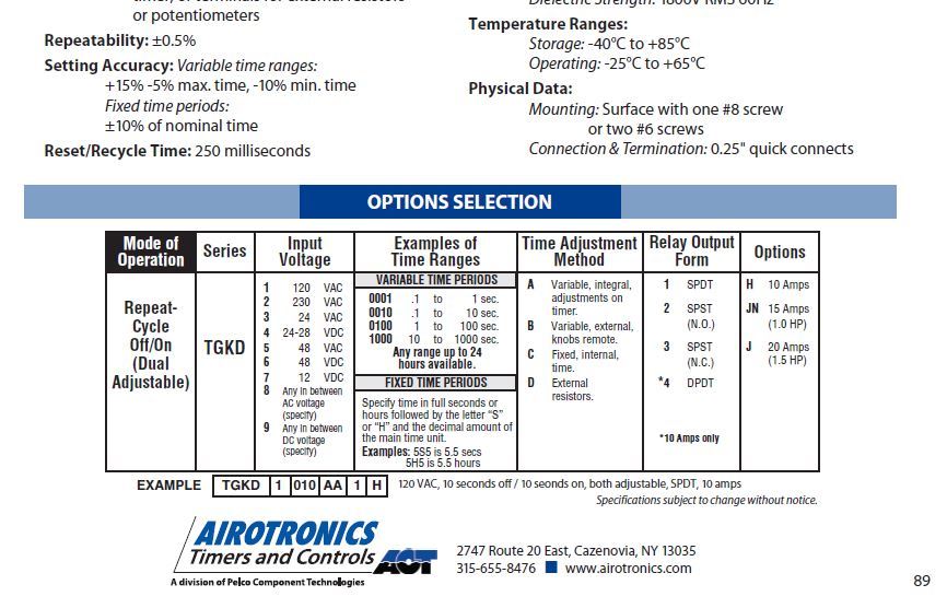 Airotronics USA Tgkdb Cube Relay Timer Repeat Cycle off on 10a 24v AC ...