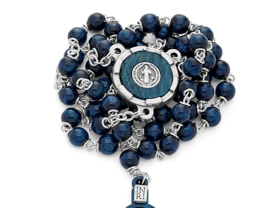 Saint Benedict Blue Wooden Rosary Beads Catholic Prayer Necklace ...