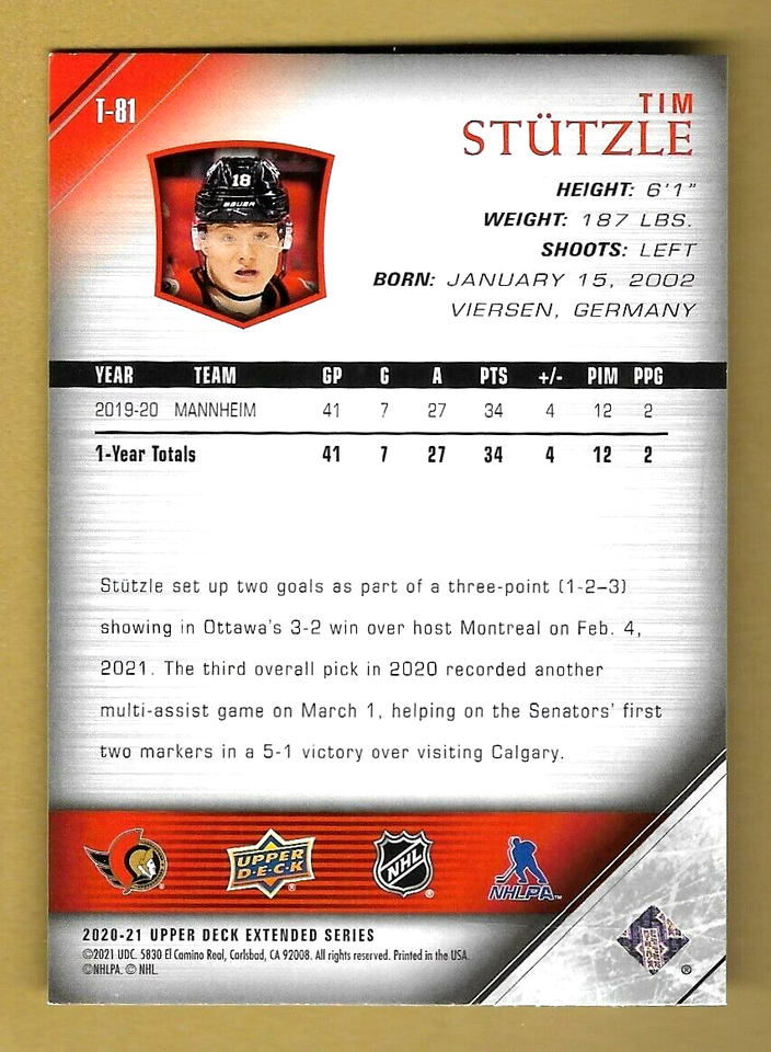 TIM STUTZLE 2020-21 UPPER DECK YOUNG GUNS EXTENDED ROOKIE RC CARD #T-81 ...