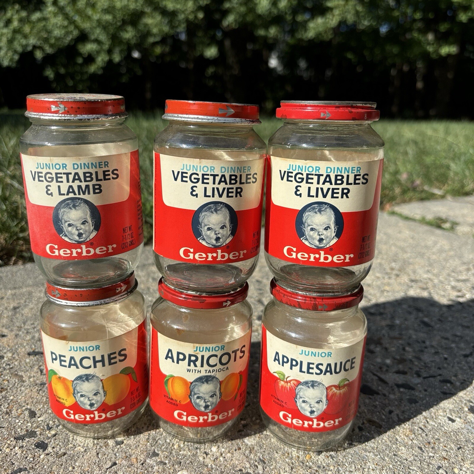 LOT of 6 Vintage glass GERBER Baby Food Jars Vegetables Lamb Liver ...