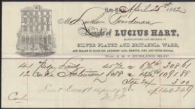 NY ~ LUCIUS HART, Silver Plated & Britannia Ware ~ ILLUS. BILLHEAD 1862 ...