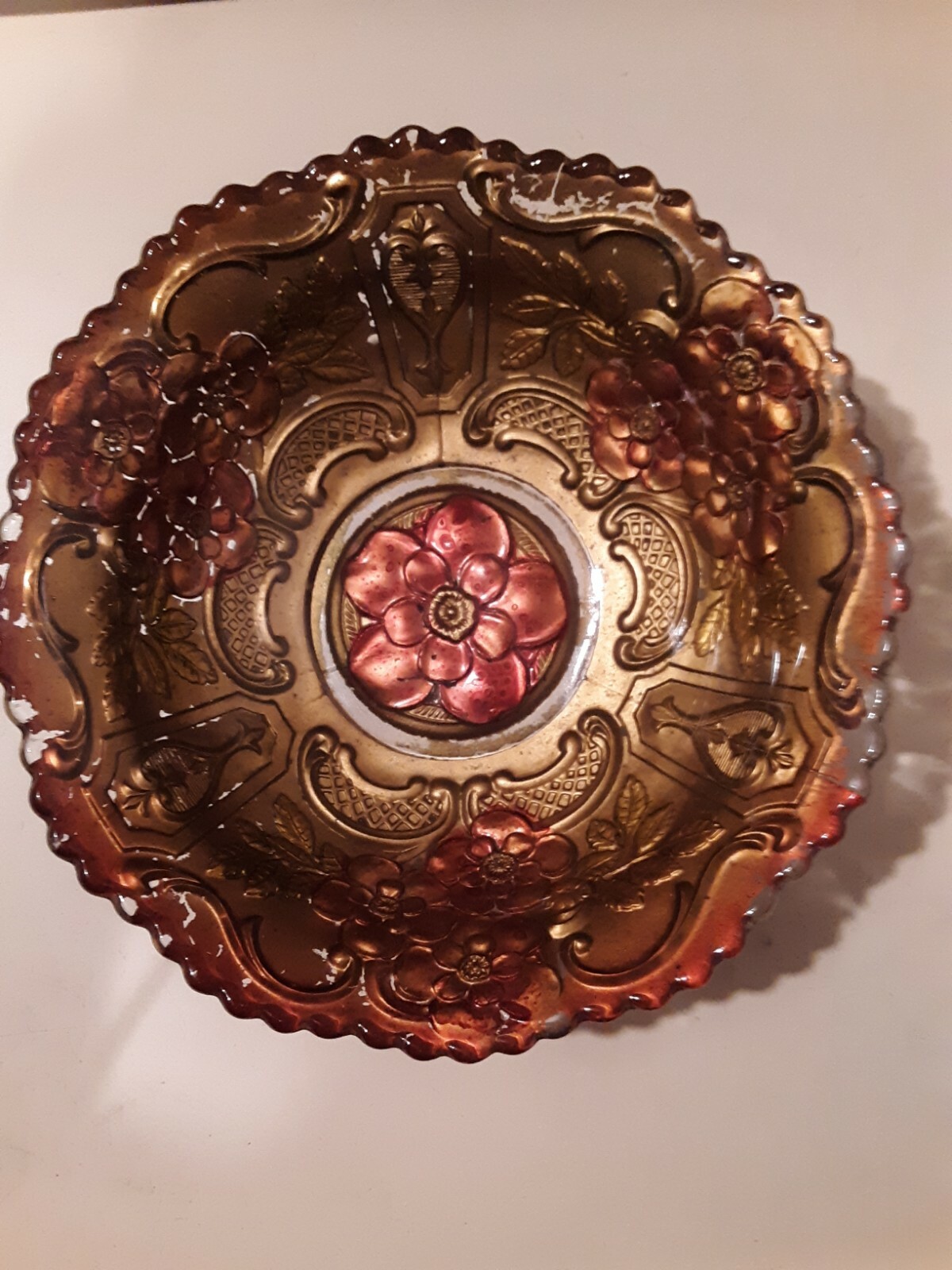Vintage Interesting Goofus Glass? Glass Bowl - GOLD and RED- Roses and ...