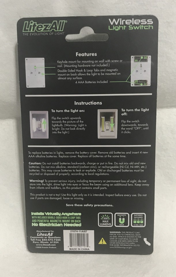 Litezall Cordless Light Switch Light 200 Lumens w/ Magnetic Mount NEW ...