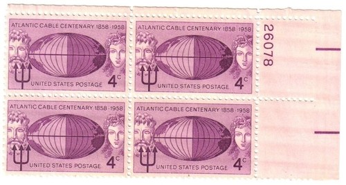 US 1958 Atlantic Cable 100th Anniversary Stamps, Block of 4, MNH, Mint ...