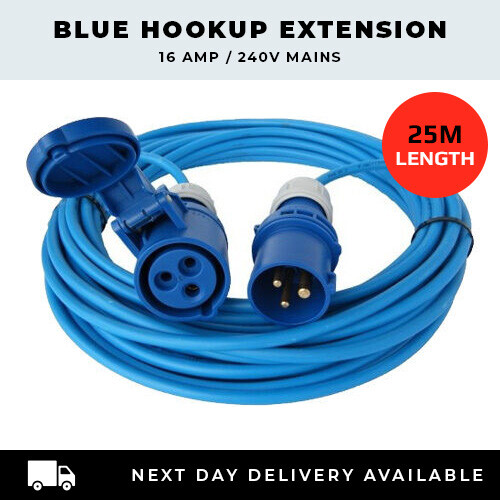 BLUE HOOK UP EXTENSION CABLE 16 AMP 240 VOLT - 5M, 10M, 15M, 20 & 25M ...
