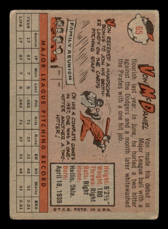 1958 Topps Baseball #65 Von McDaniel VG *e1 | eBay