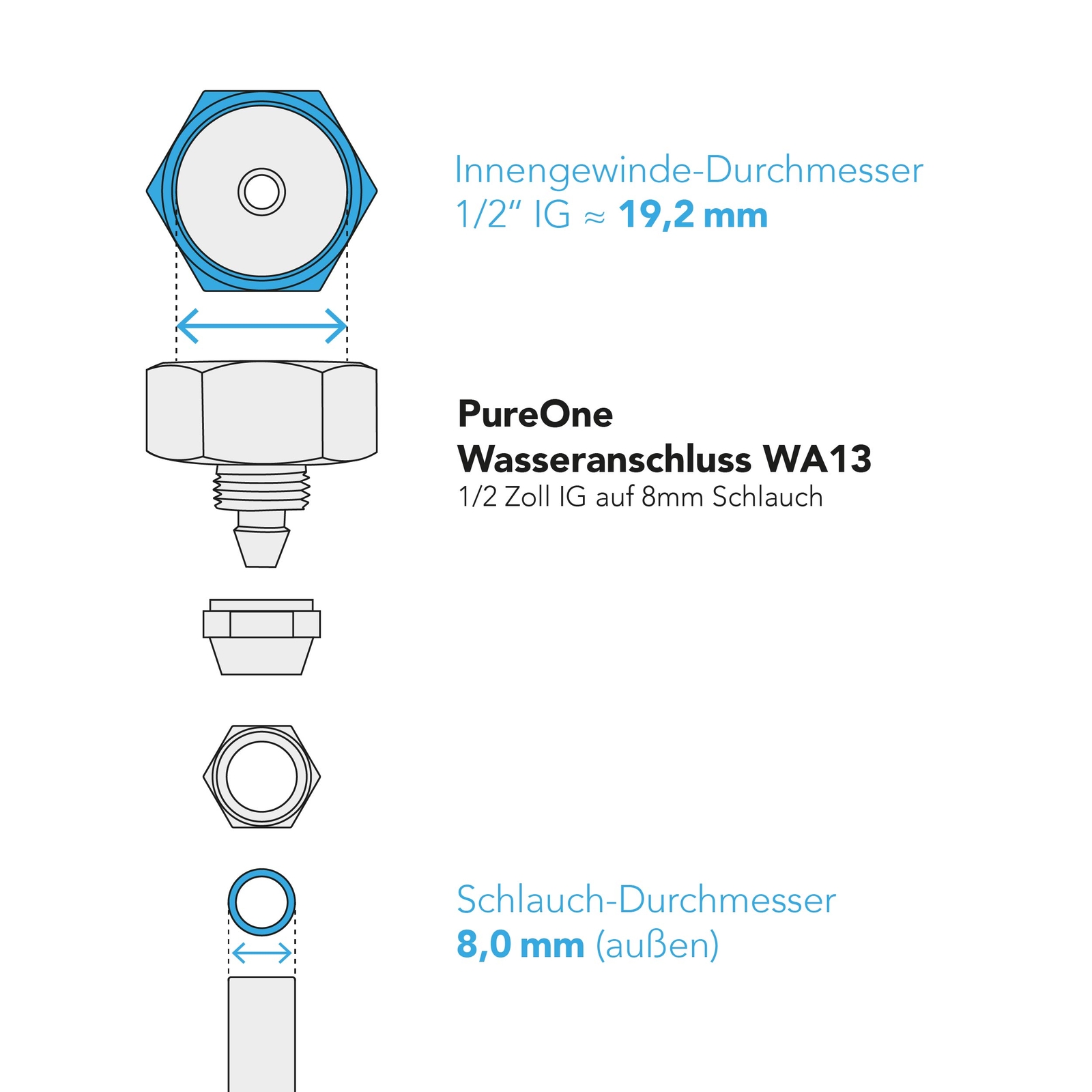 PureOne Wasseranschluss WA13 1/2 Zoll IG auf 8 mm mit Dichtung, PureOne ...