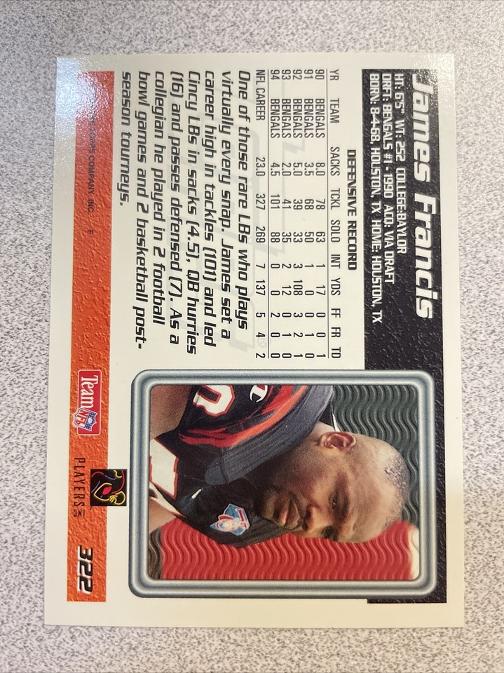 1995 Topps James Francis Autographed Card #322 Cincinnati Bengals A-177 ...