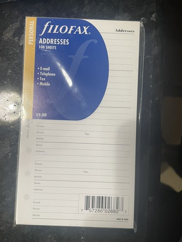 Filofax Address Sheets. Personal Size 100 Sheets for E-mail Telephone ...