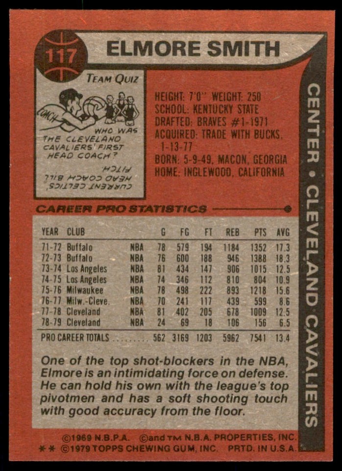1979-80 TOPPS ELMORE SMITH CLEVELAND CAVALIERS #117 (T102) | eBay
