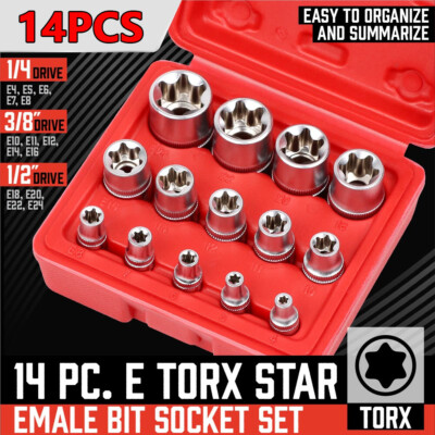 14PC E Torx Socket Set Female Start Bit External Hex Torque E4-E24 With ...