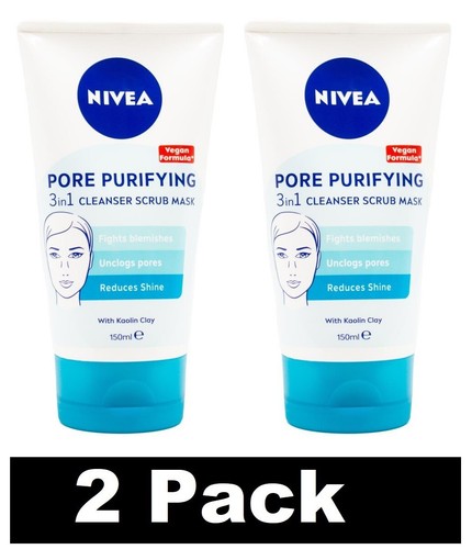 2 x NIVEA 150mL CLEANSER PORE PURIFYING 3 IN 1 SCRUB MASK WITH KOOLIN ...