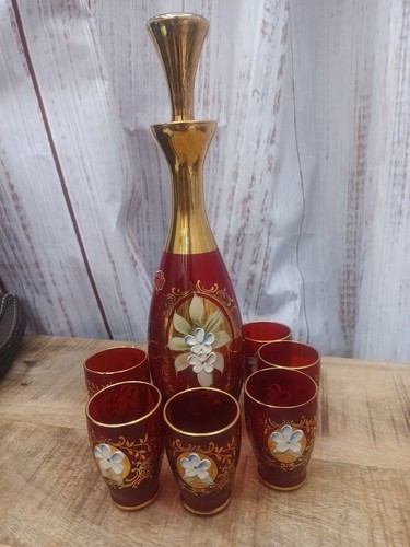 Vtg Bohemian Venetian Ruby Red Decanter Cordials Paint Gold Gilt Murano ...