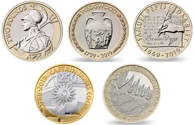 2019 £2 coin Two pound BRITANNIA, WEDGEWOOD, D DAY, SAMUEL PEPYS, JAMES ...